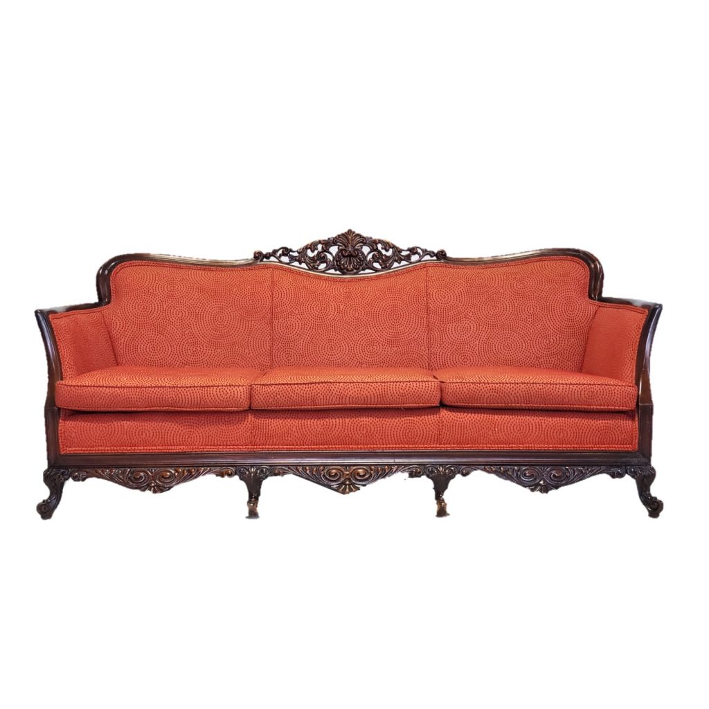 Amari Sofa Rental | Burnt Orange Antique Carved Sofa