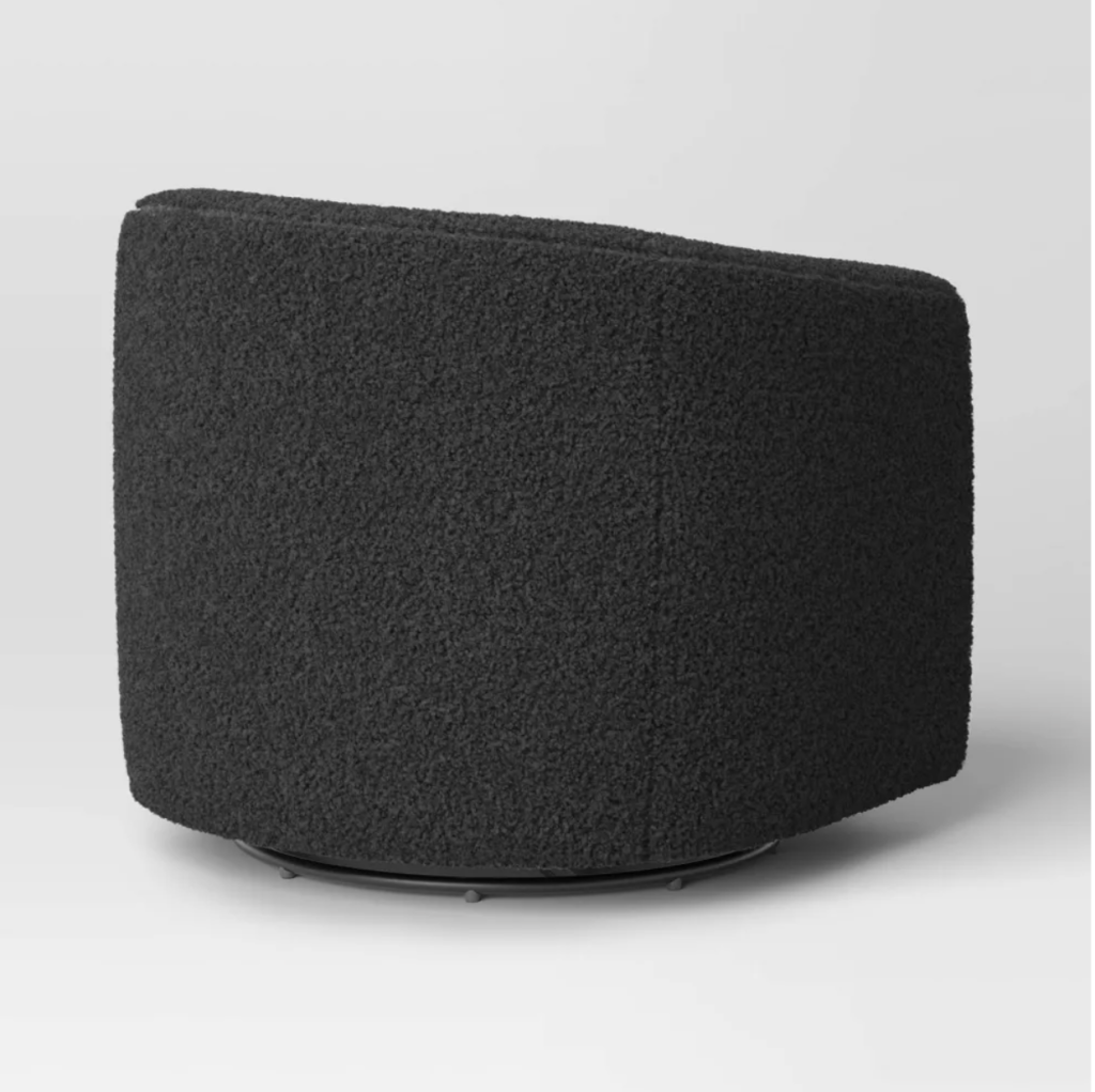 Costello Swivel Chair Rental | Black Boucle Barrel Chair