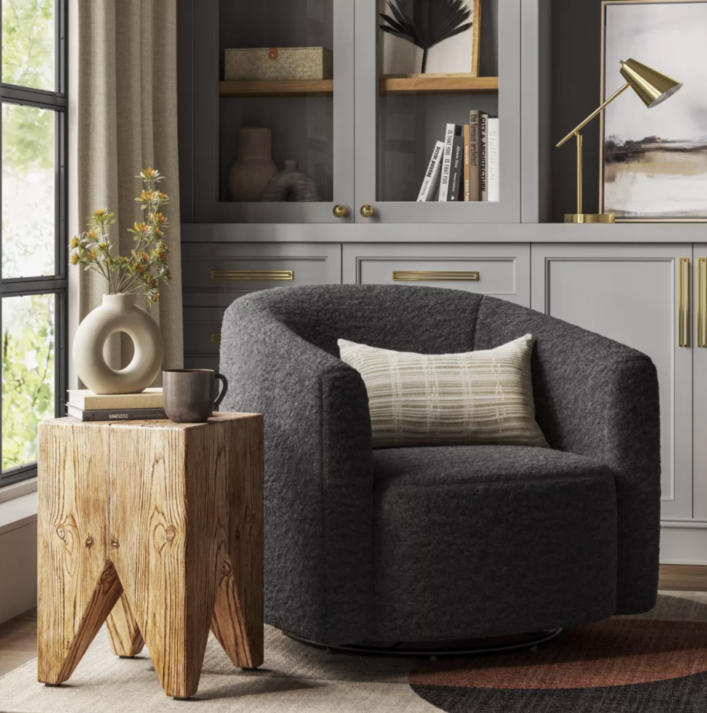 Costello Swivel Chair Rental | Black Boucle Barrel Chair